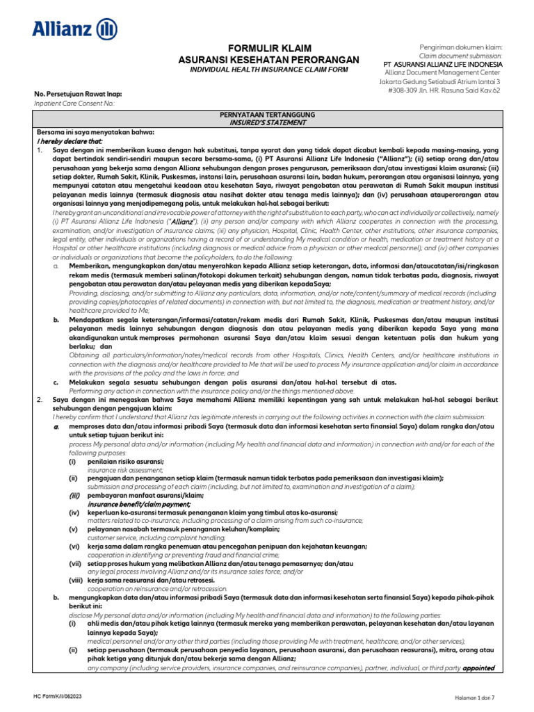Formulir Klaim Asuransi Allianz | PDF