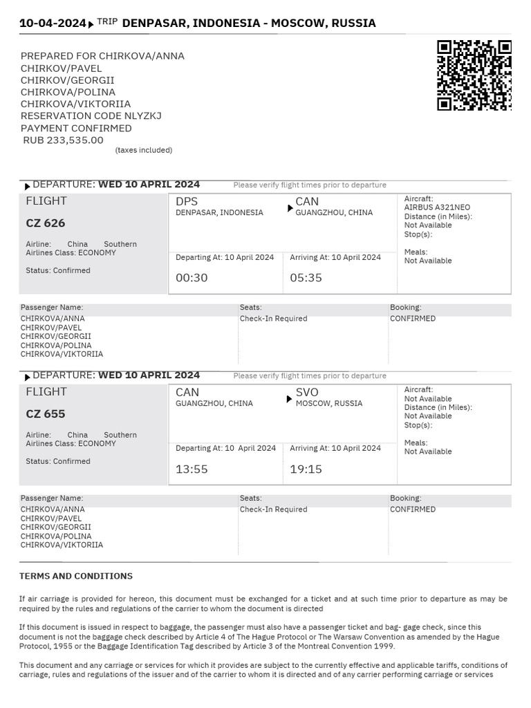 Flight DPS CAN: 10-04-2024 Denpasar, Indonesia - Moscow, Russia | PDF ...
