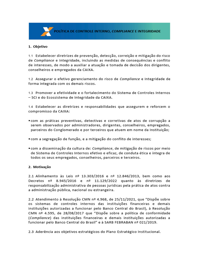 Politica Controle Interno Compliance Integridade | PDF | Conformidade regulatória | Business