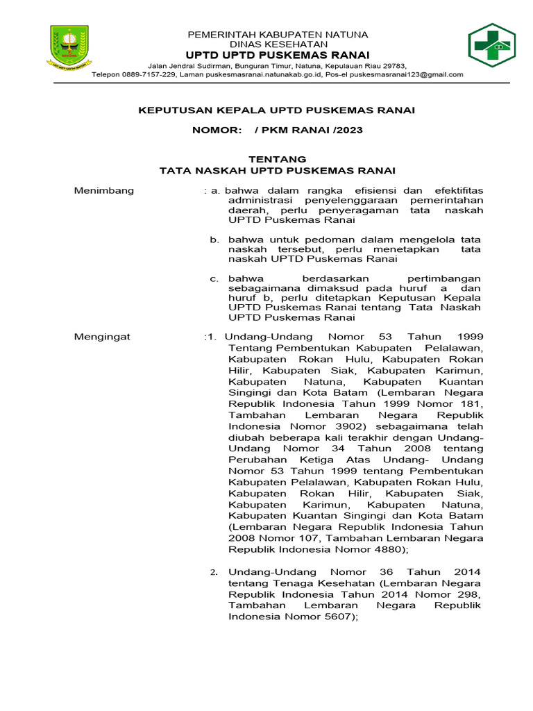 Tata Naskah UPTD Puskesmas Ranai | PDF