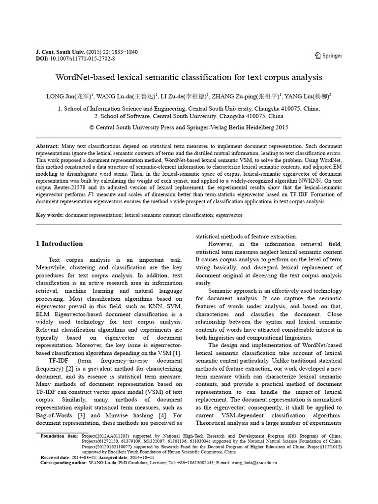 Wordnet Based Lexical Semantic Classification For Text Corpus Analysis Pdf Information