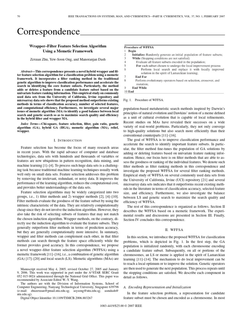 Wrapper Filter Feature Selection Algorithm Using A Memetic Framework Pdf Cross Validation 6259