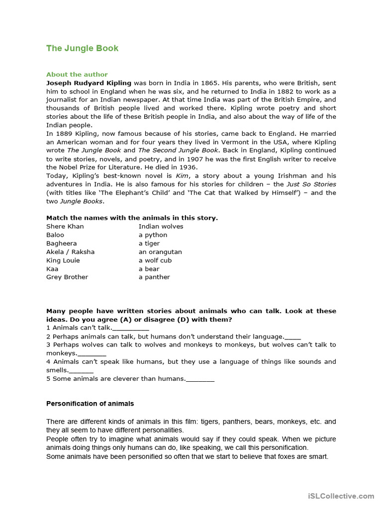 The Jungle Book Film Worksheet. Personification of Animals | PDF | The ...