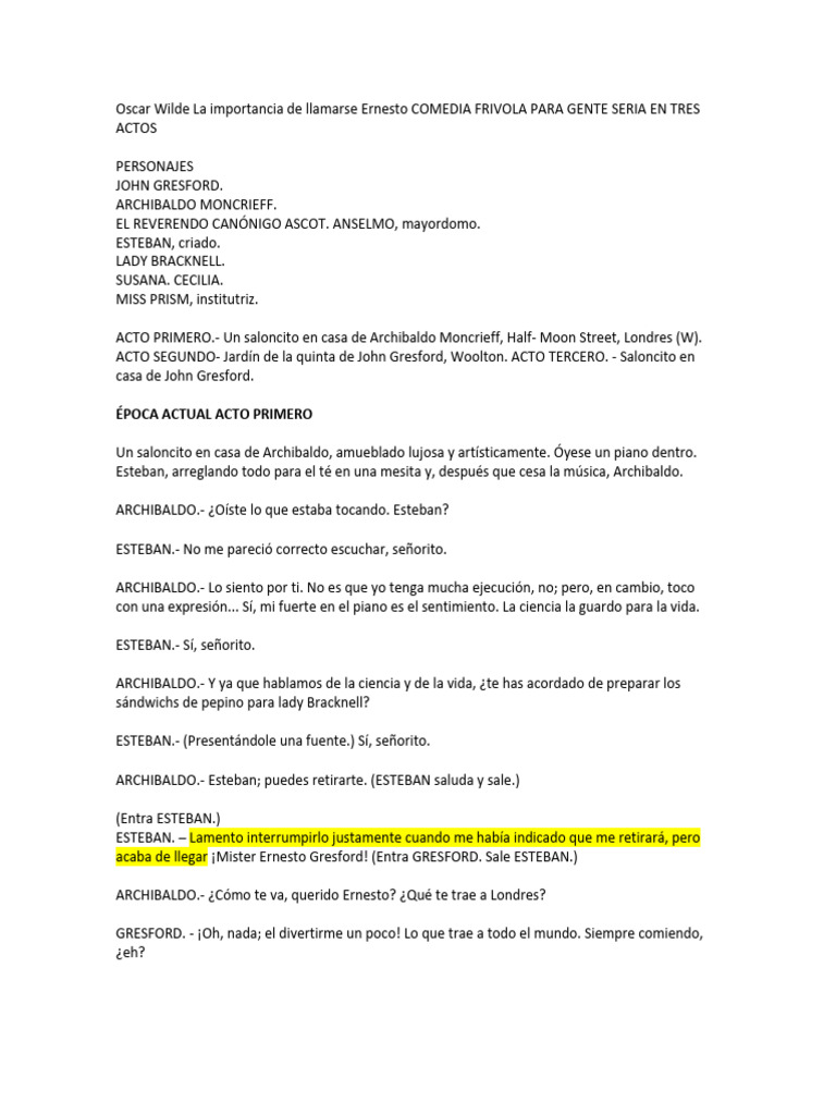 La importancia de llamarse Ernesto | PDF