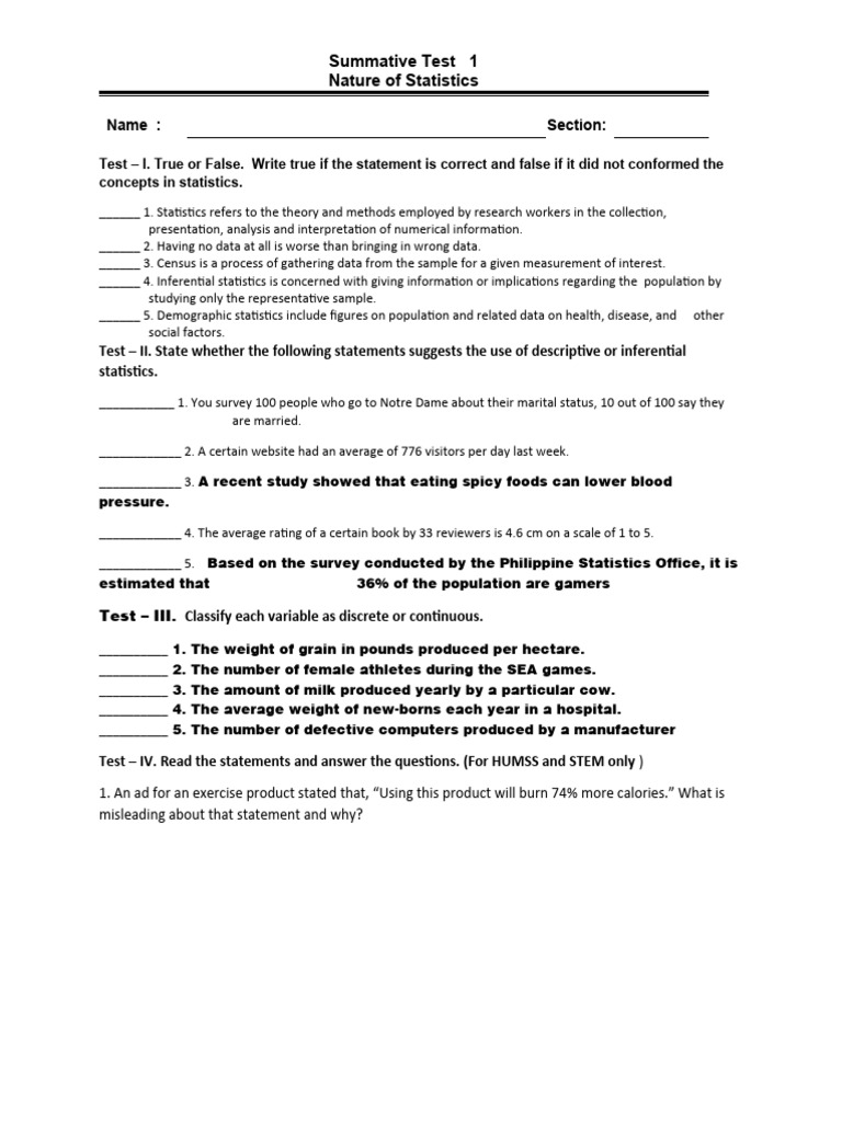 Summative Test 1 | Download Free PDF | Statistics | Sampling (Statistics)