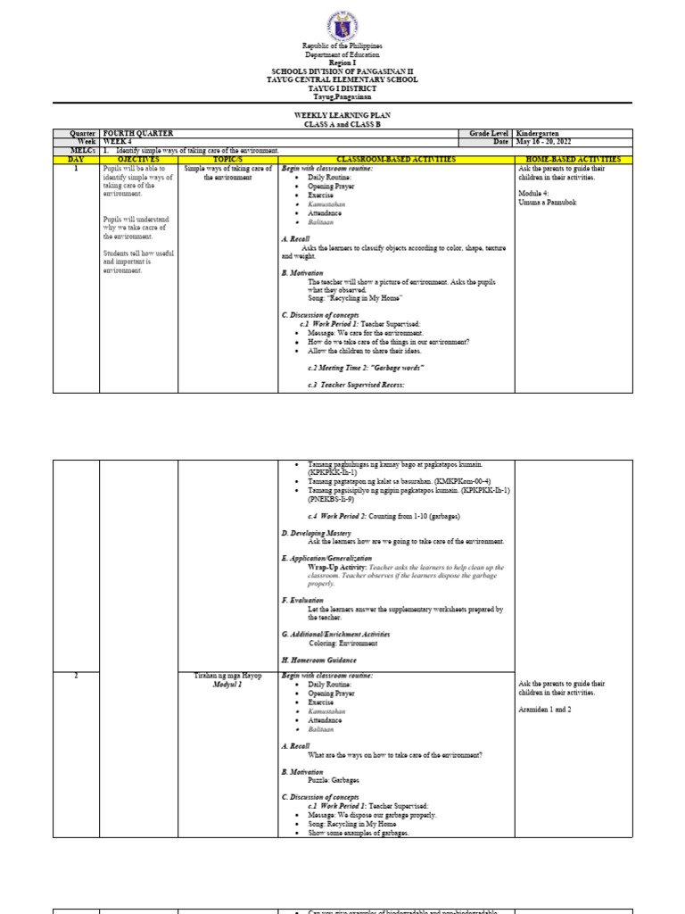 Weekly Learning Plan Week 4.2 | PDF | Learning | Teachers