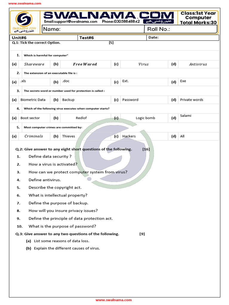 T6 1st Year Chapter Wise Test Computer Chapter 6 1st Year | PDF