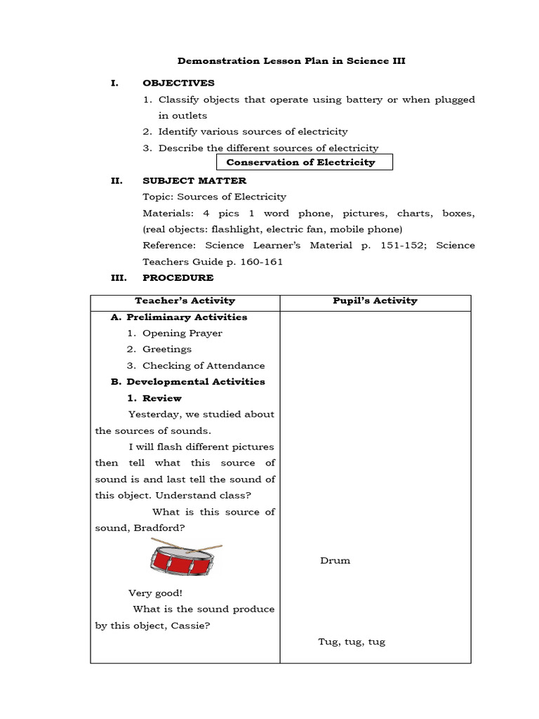 Grade 3 Lesson Plan: Sources of Electricity | PDF | Electricity ...