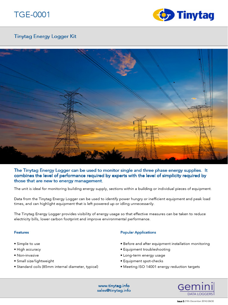 Tinytag Energy Logger Datasheet | PDF | Mains Electricity | Inductor