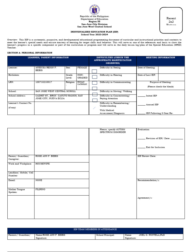 IEP Template for Special Education 2023-2024 | PDF | Individualized ...