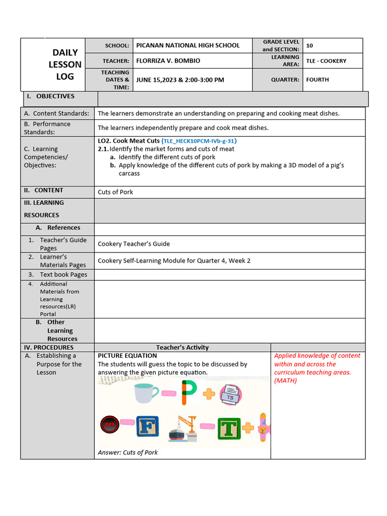 DLL Co2 Florriza Cookery 10 4TH Quarter Sy. 2022-2023 | PDF | Learning | Teachers