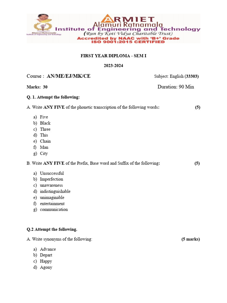Diploma 1st Sem English Question Paper | PDF
