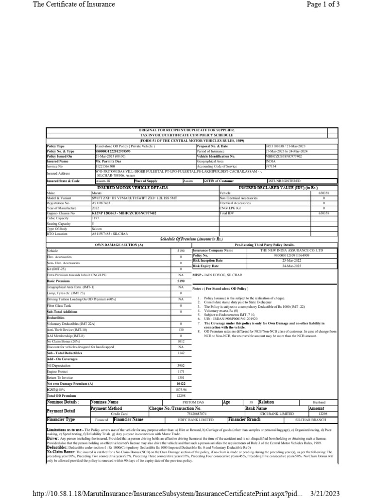 Insured Motor Vehicle Details Insured Declared Value (Idv) (In RS ...
