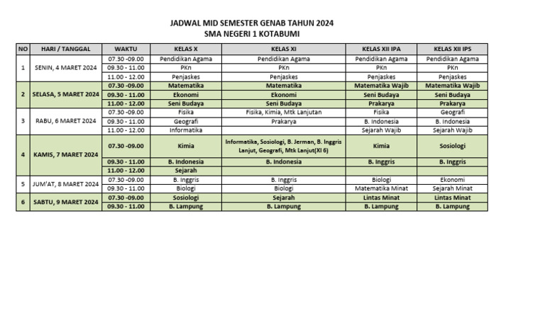 Jadwal Mid Semester 2 Tahun 2024 | PDF