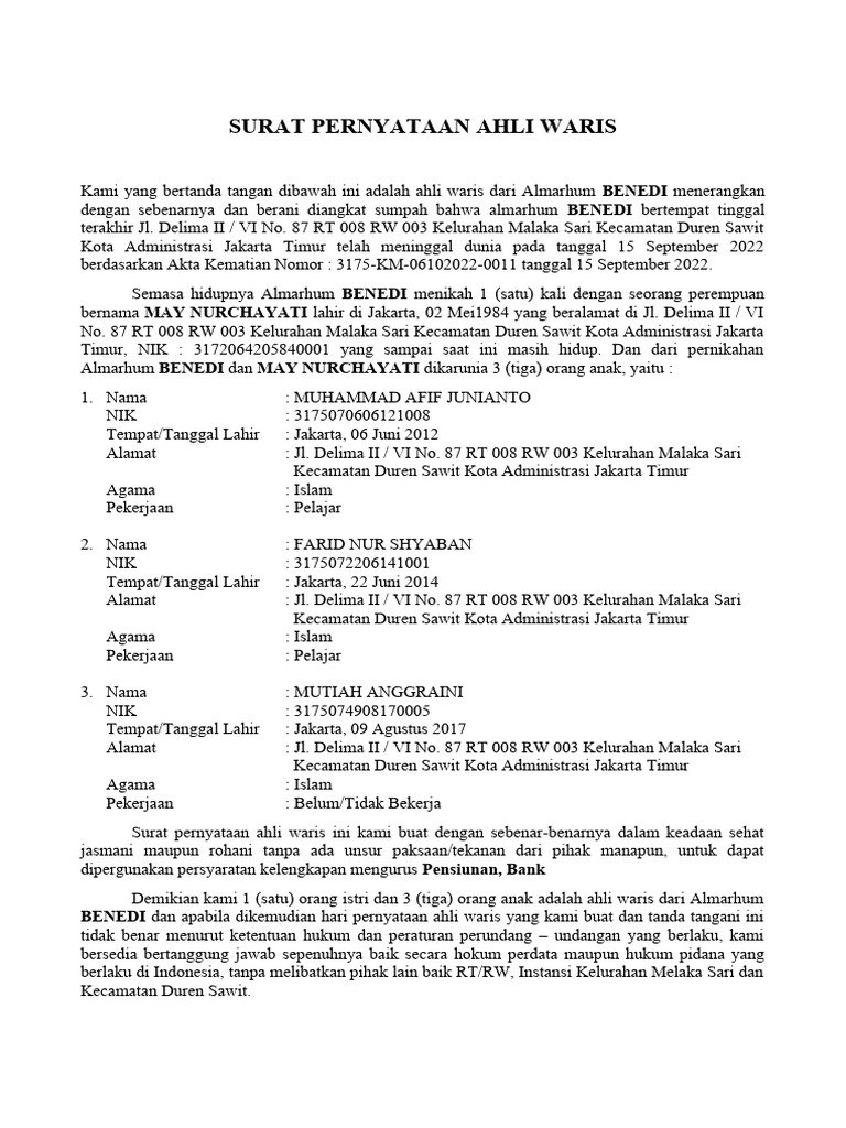 Surat Pernyataan Ahli Waris | PDF