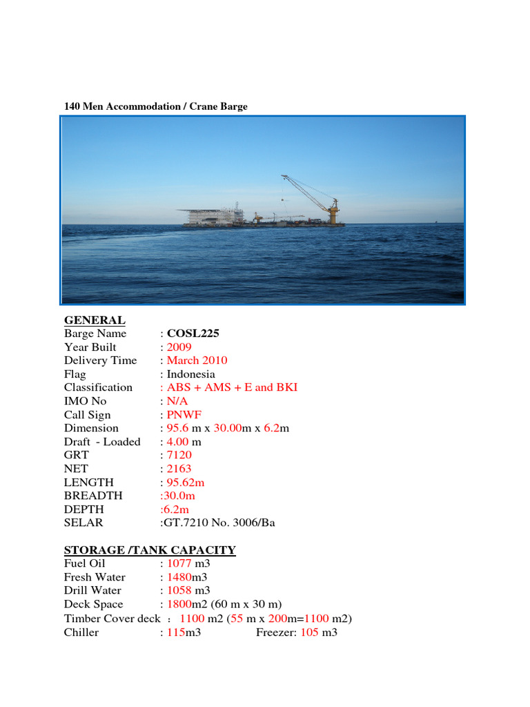 Ship Particular 140 Men Accomodation COSL 225 | PDF