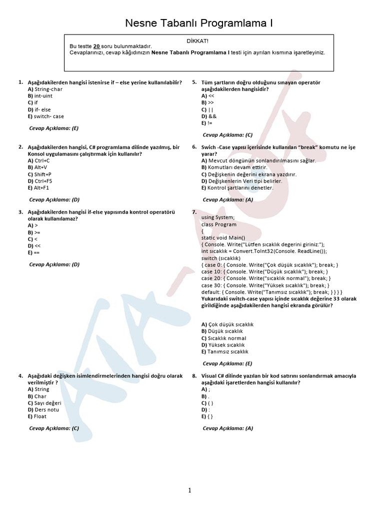 Nesne Tabanlı Programlama - I - Vize Tüm | PDF
