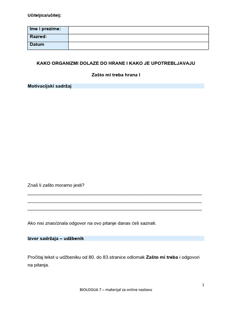 Zašto Mi Treba Hrana I | PDF