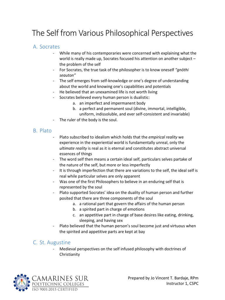 Philosophical Perspectives on the Self | PDF | Philosophy Of Self ...