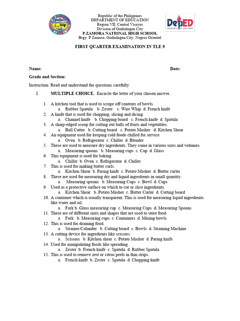 9 - q1 Test Questionnaire | PDF | Spoon