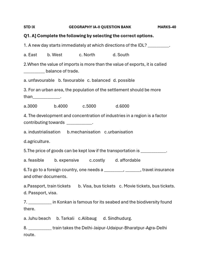 Geography Question Bank for Std IX | PDF | Economies