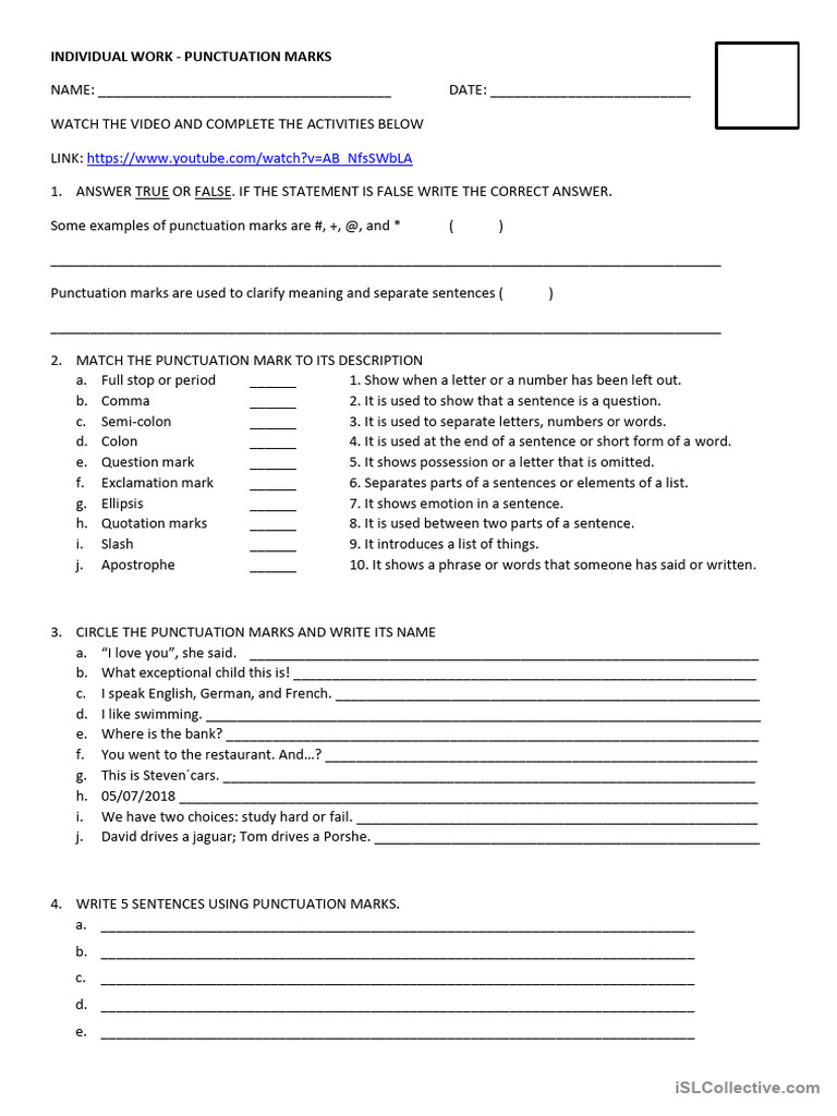 Punctuation Marks Worksheet Activities | PDF | Punctuation | Sentence ...