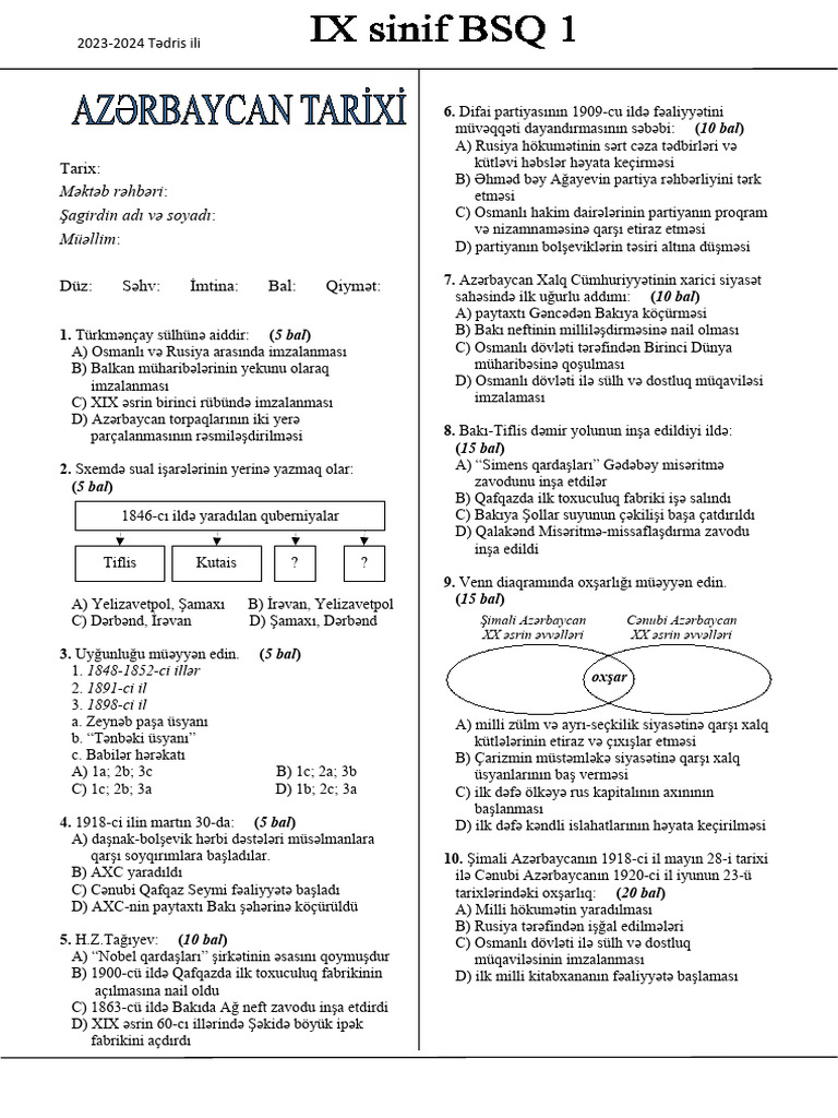 IX Sinif BSQ 1 Azərbaycan Tarixi | PDF