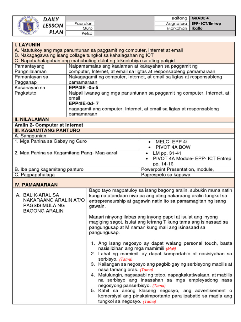 EPP GRADE 4 ICT- COMPUTER AT INTERNET- COT LESSON PLAN | PDF