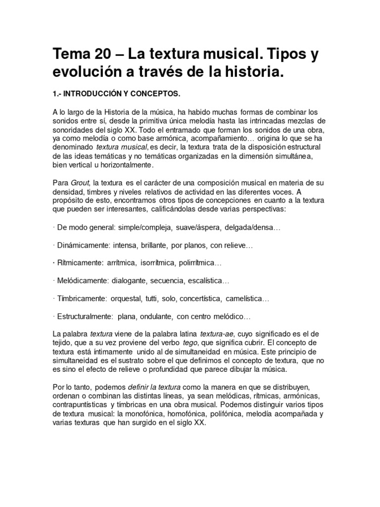 Tema 20 - La Textura Musical. Tipos y Evolución A Través de La Historia ...
