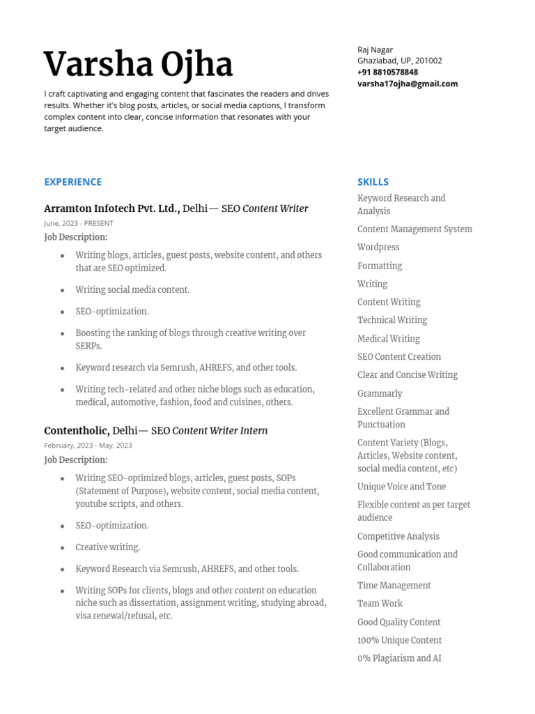 Varsha Ojha - Resume | PDF | Search Engine Optimization | Human Communication