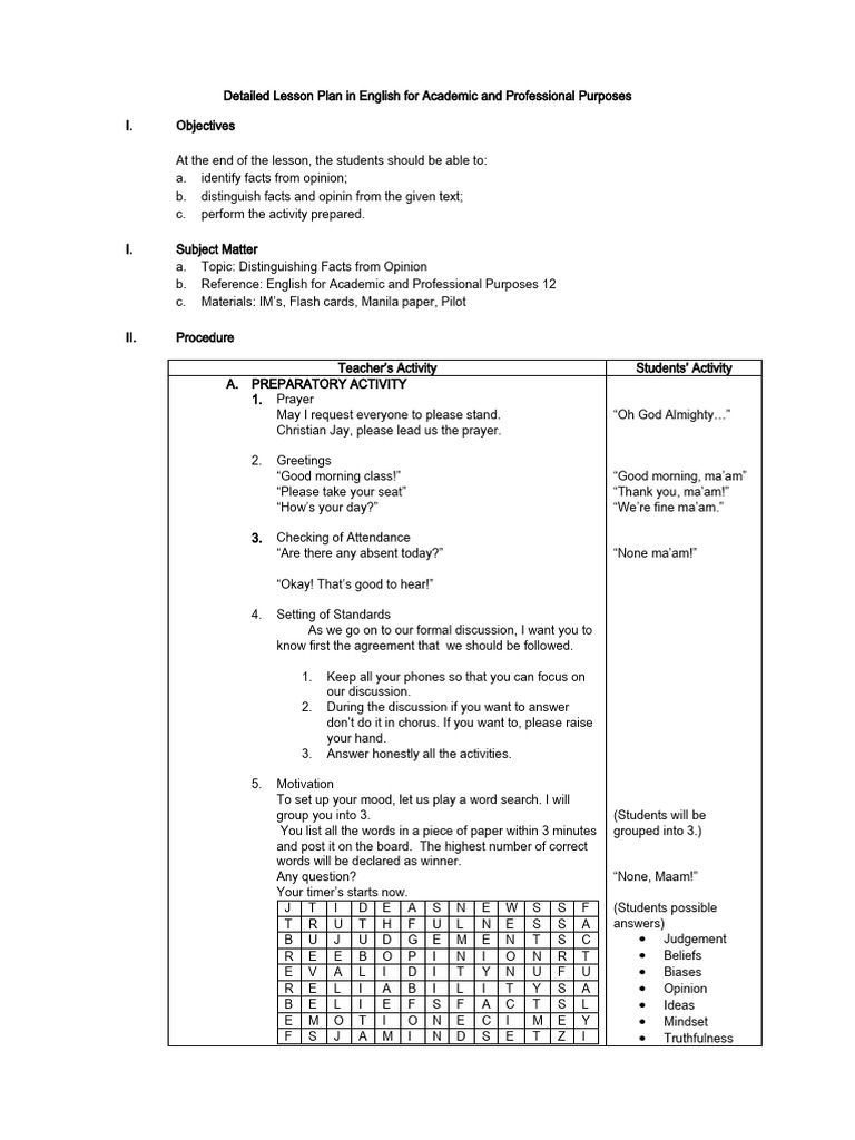 Detailed Lesson Plan in Reading and Writing | PDF | Truth | Validity (Statistics)