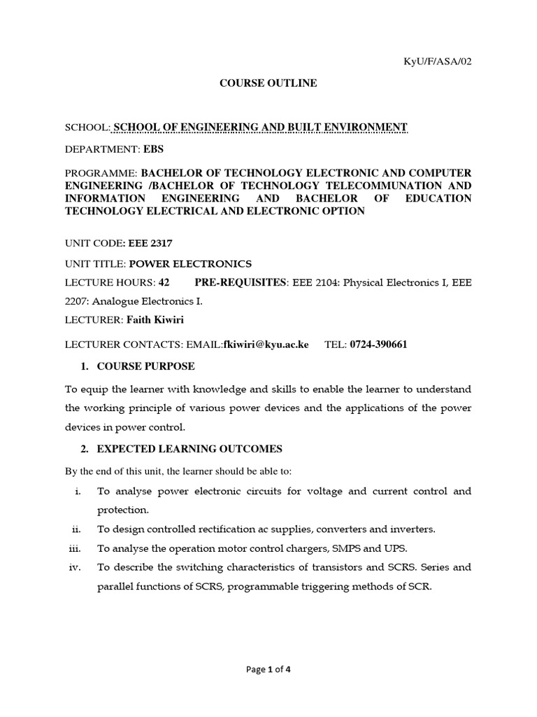 Eee 2317 Power Electronics Course Outline | PDF | Power Inverter | Power Electronics