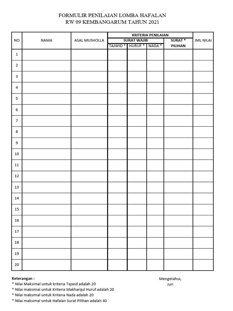 Formulir Penilaian Lomba Adzan 2021 | PDF