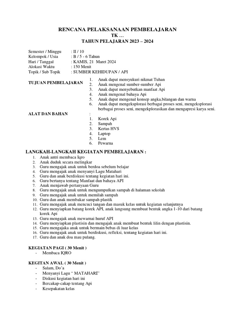 Contoh Format Rencana Pelaksanaan Pembelajaran | PDF