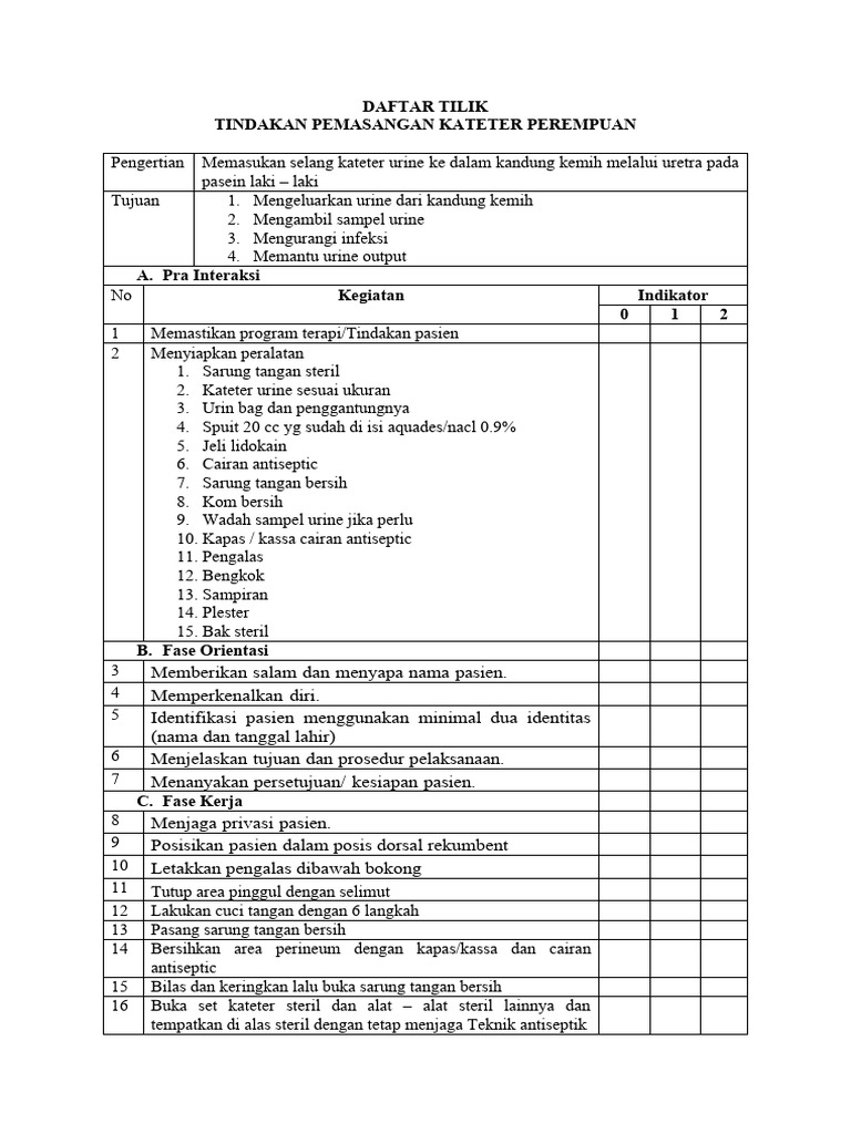 Daftar Tilik Pemasangan Kateter Perempuan | PDF