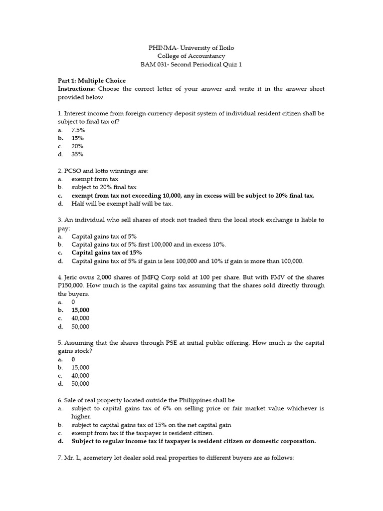 BAM 031 Income Taxation Quiz | PDF | Capital Gains Tax | Taxes