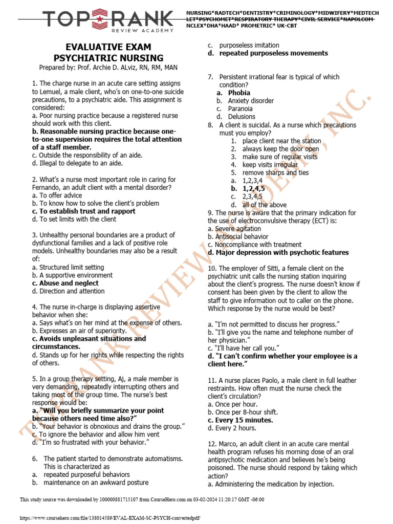 Eval Exam SC Psych PDF | PDF | Mental Disorder | Nursing