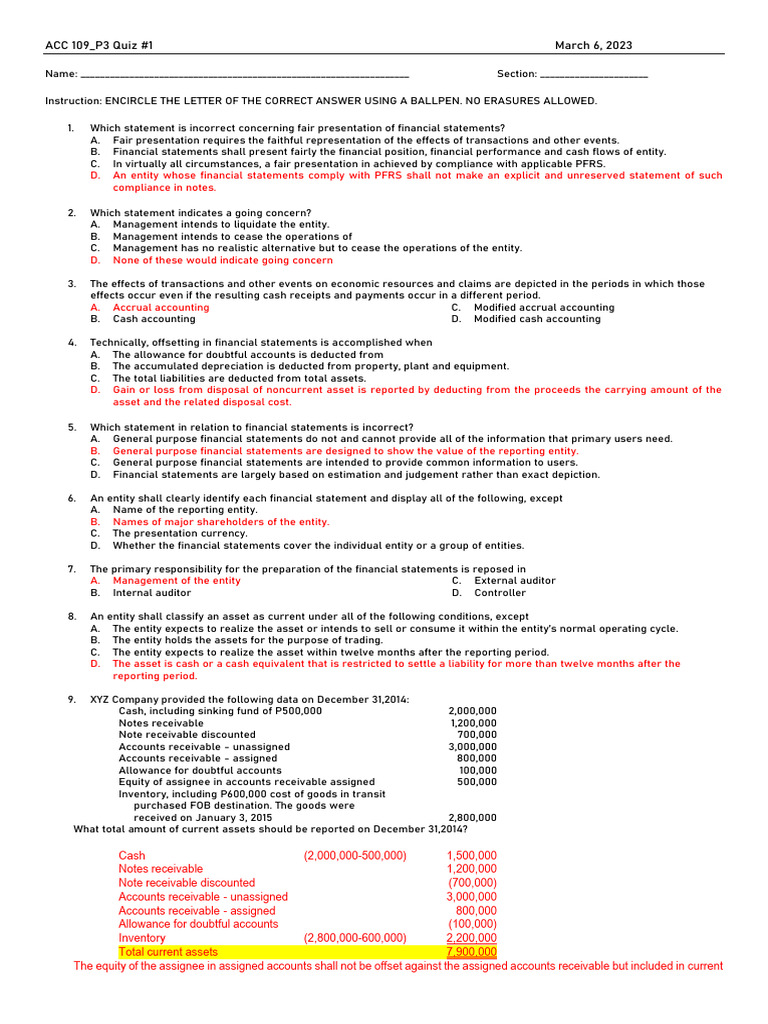 ACC 109 Quiz on Financial Statements | PDF | Expense | Retained Earnings