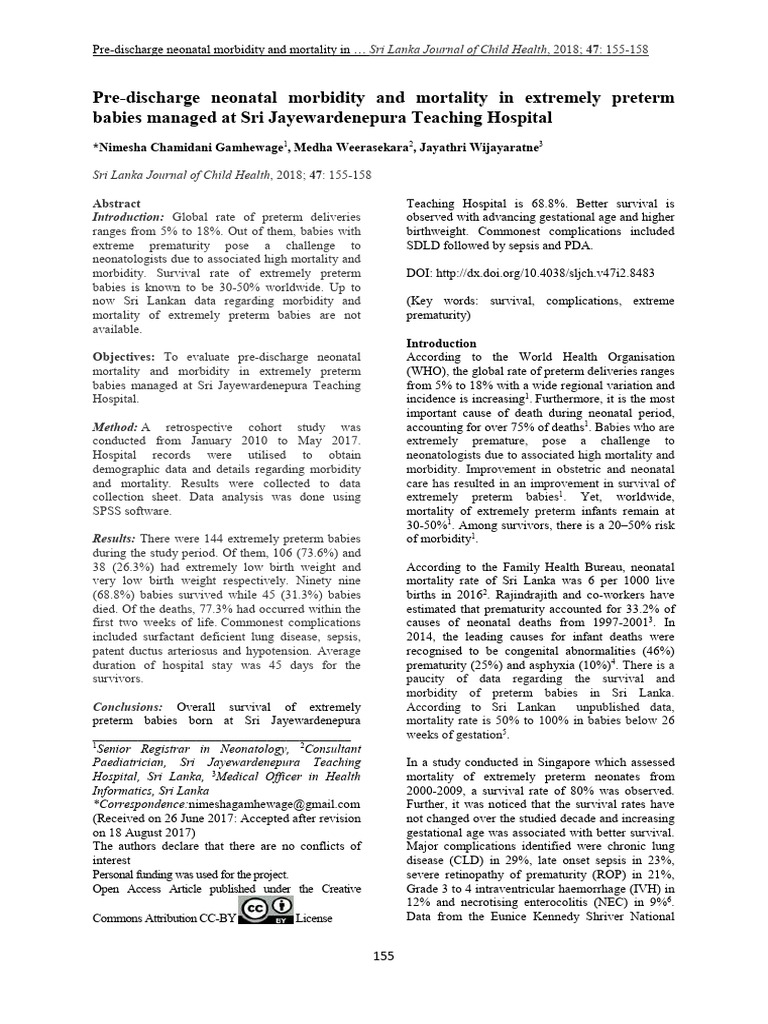 Pre discharge neonatal mortality and morbidity of extreme preterm ...