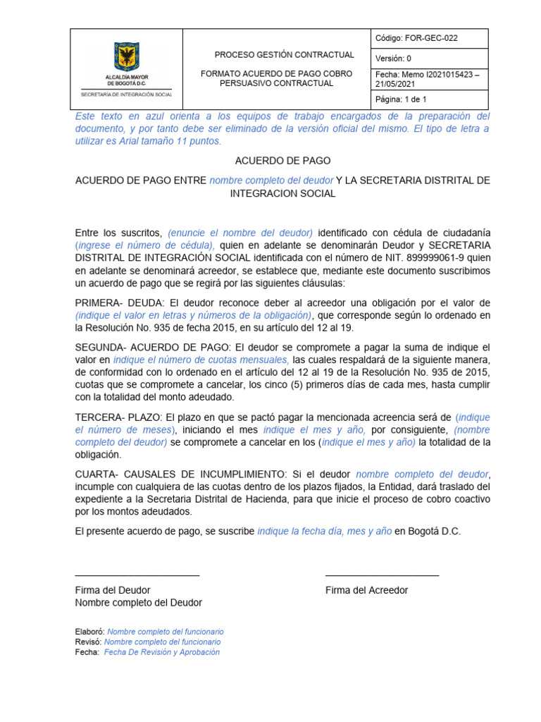 Formato Acuerdo Pago Cobro Persua Contrac | PDF | Pagos