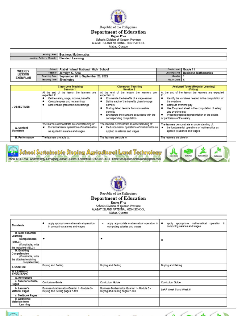 Lesson Exemplar SY 2022 2023 JCA BusMath - W1 | PDF | Learning | Curriculum