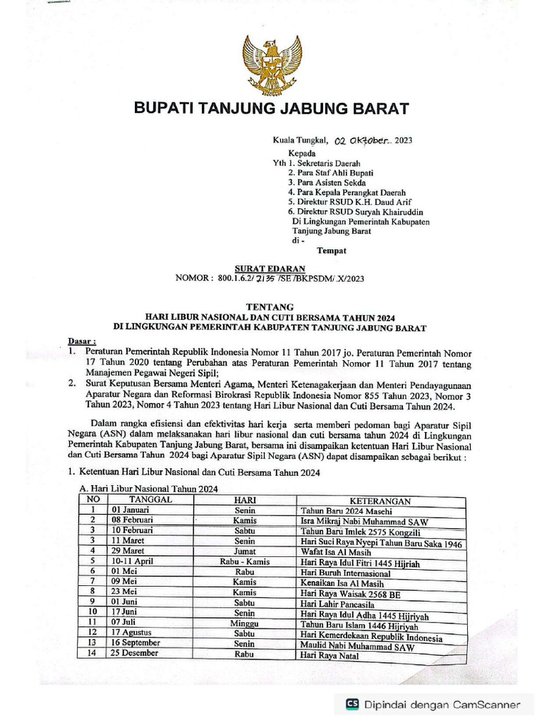 Surat Edaran Cuti Bersama Tahun 2024 | PDF Surat Edaran Cuti Bersama Tahun 2024 | PDF
