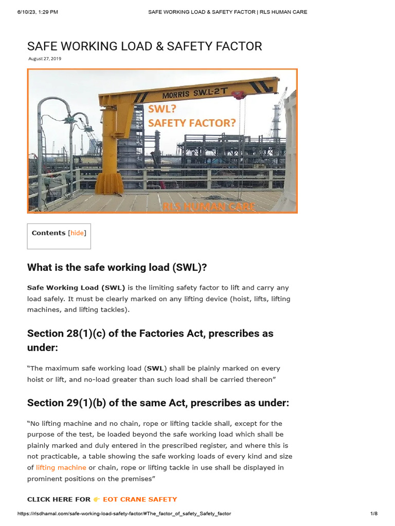 Safe Working Load & Safety Factor - RLS Human Care | PDF | Crane ...
