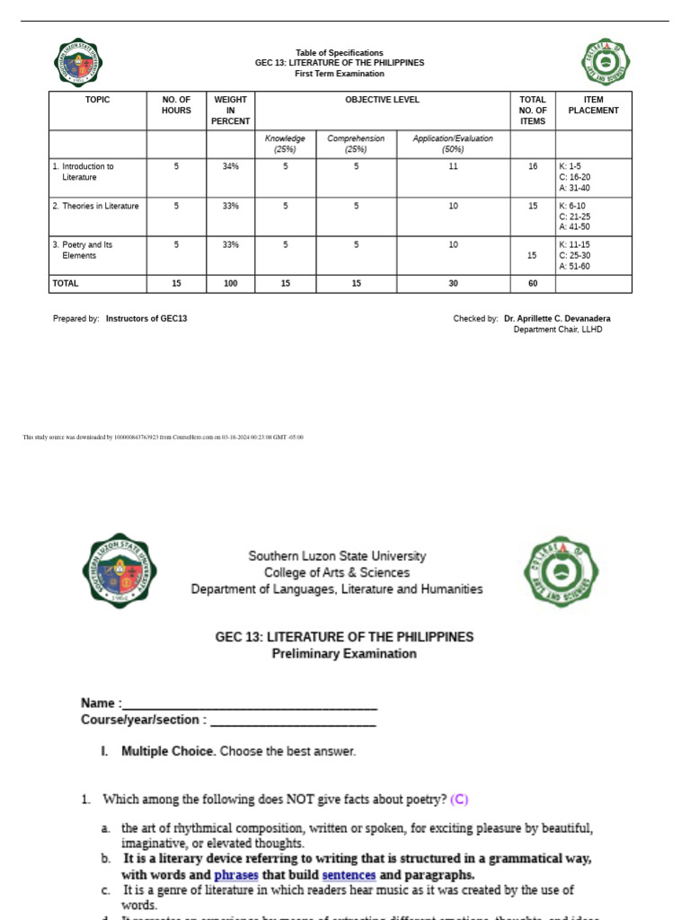 GEC 13 Prelim Exam 3 | PDF | Poetry | Metre (Poetry)