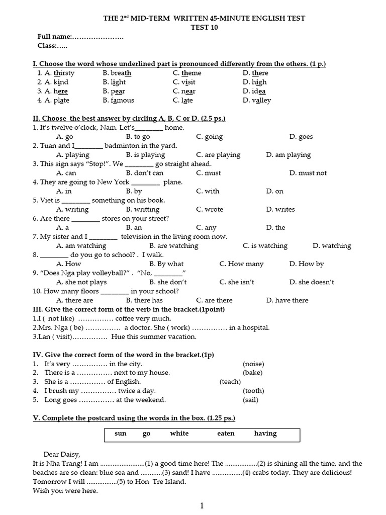 De Thi Giua Ki 2 Anh 6 Thi Diem | PDF