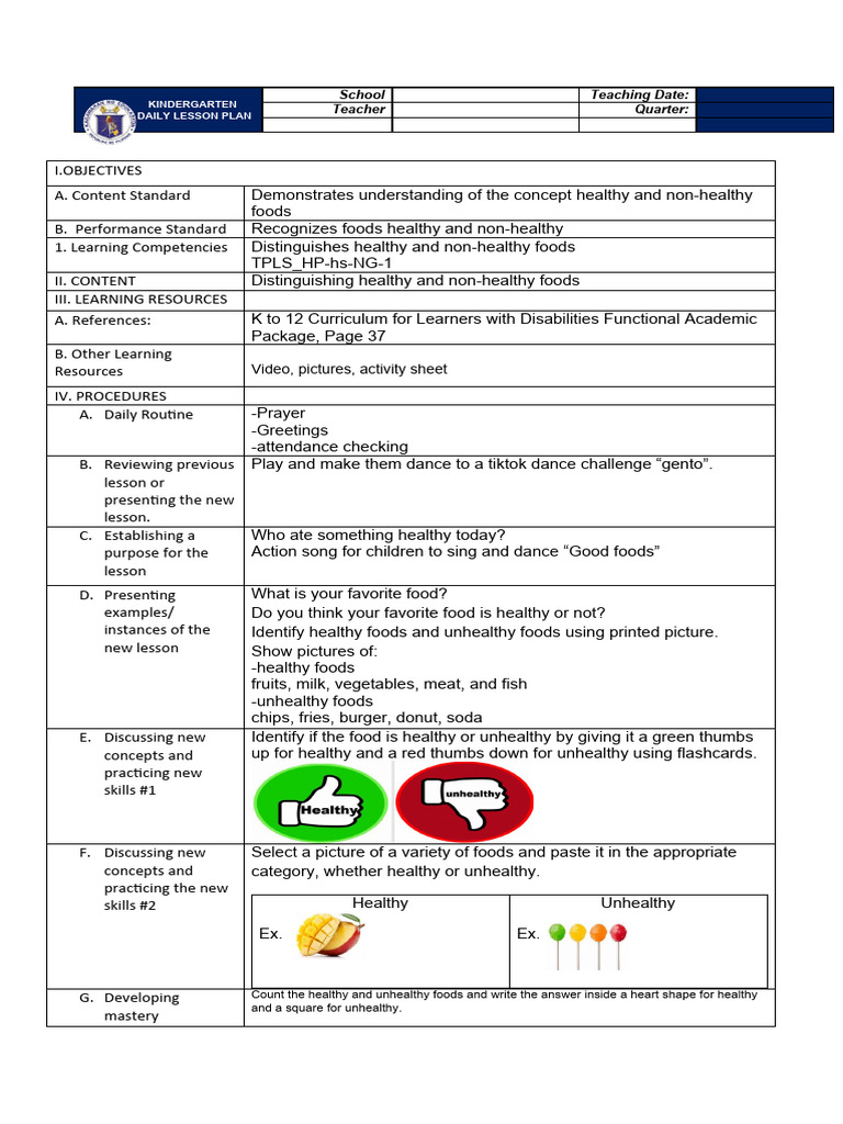 Healthy and unhealthy | PDF | Learning | Lesson Plan