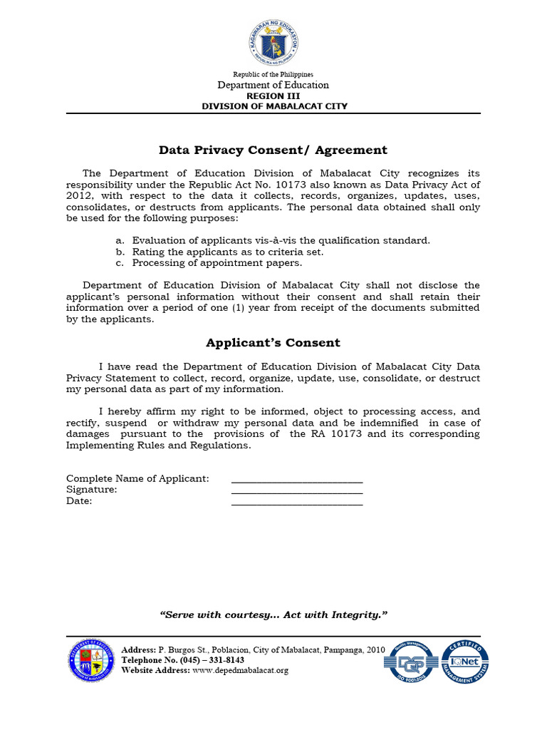 Mabalacat City Data Privacy Consent Form | PDF