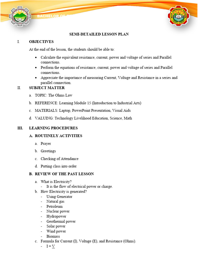 Ohm's Law Lesson Plan | PDF | Series And Parallel Circuits | Electrical ...