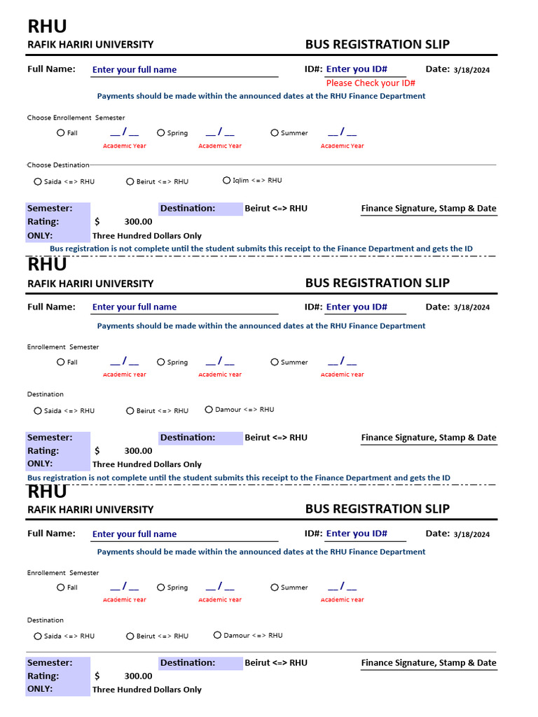 Bus Registration Slip Spring 23-24 | PDF