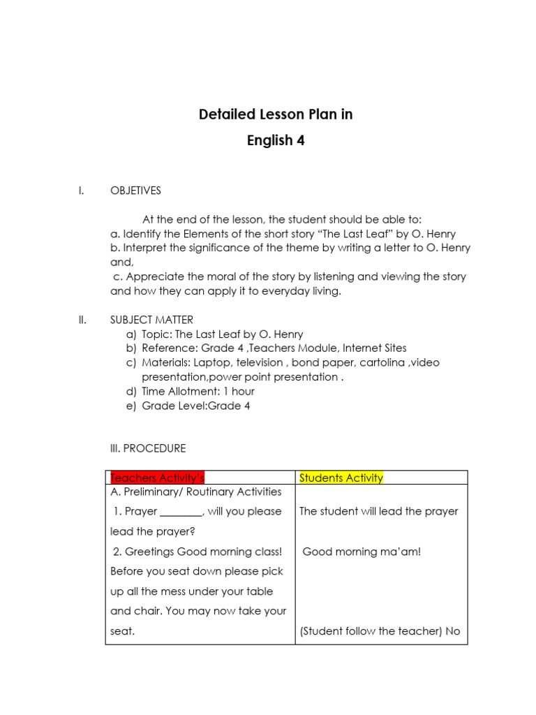 English 4 Lesson Plan: "The Last Leaf" | PDF